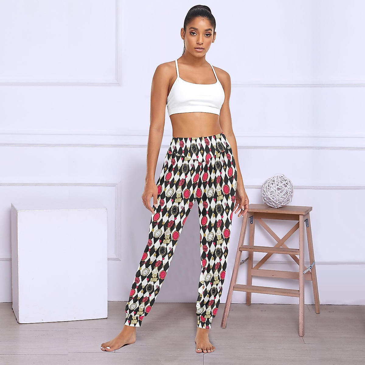 Fustylead Alice Chess Board Women's Smocked Waist Yoga Boho Harem Pants Joggers Athletic Pants