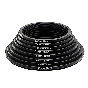 Fotasy Filter Step Down Ring Set, Anodized Metal Black, 8 Stepping Down Lens Adapter Rings, 82-77mm 77-72mm 72-67mm 67-62mm 62-58mm 58-55mm 55-52mm 52-49mm Step Down Ring (SRD)