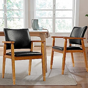 NOBPEINT Mid-Century Dining Side Chair with Faux Leather Seat in Black, Arm Chair in Walnut,Set of 2