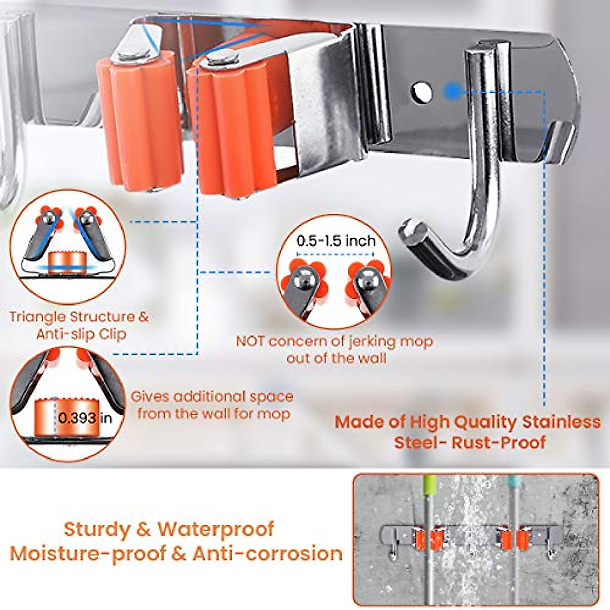 MOHOO 2 Pack Broom Holder Wall Mount Stainless Steel Wall Mounted Storage Organizer Heavy Duty Tools Hanger with 4 Racks 6 Hooks for Bathroom Kitchen Office Closet Garden