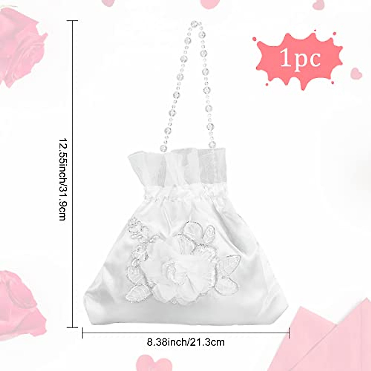 CRASPIRE Wedding Bride Handbag Rose Satin Bridal Wedding Money Bag White Rose Embroidery Silk Drawstring Bag with Pearl for Dollar Dance Bridal Purse Wedding Favor Party