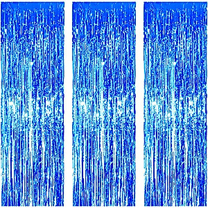 JVIGUE 3 Pack Foil Curtains Metallic Foil Fringe Curtain for Birthday Party Photo Backdrop Wedding Event Decor (Blue)