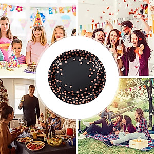 LDFDRT 50 Pack Disposable Party Paper Plates,7 inch Black and Rose Gold Plates,Golden Dots Plates,Metallic Foil Polka Plates for Graduation, Birthday, Weedings,Christmas