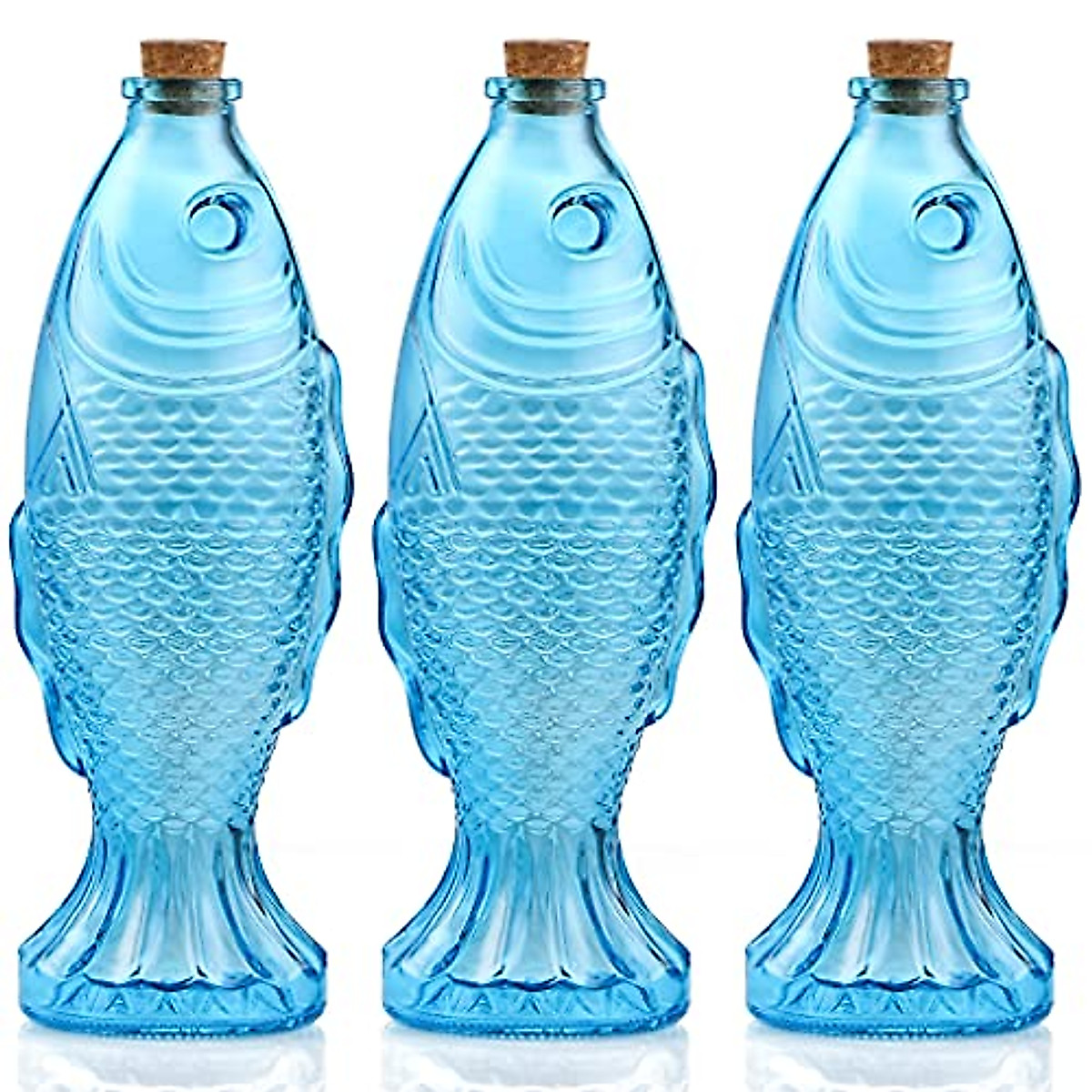 MDLUU 3-Pack Fish Shaped Glass Bottles, Decorative Bottles with Cork Stopper, Fish Decanters for Gift, Bar, Home Decor, Capacity 500ml/17.5oz (Blue)