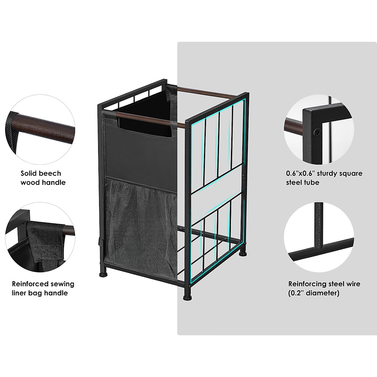 Laundry Hamper with Wheels & Adjustable Feet; 90L Laundry Basket with Removable Liner Bag & Side Mesh Pocket; Clothes Basket for Bathroom, Bedroom; Laundry Sorter with Wood Handle (Black)