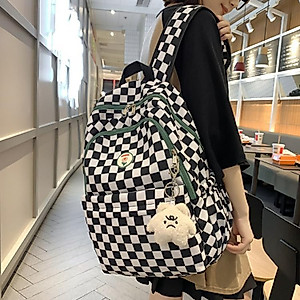 MININAI Cute Checkered Backpack Fit 15.6 Inch Laptop Checkerboard Light Academia Aesthetic Kawaii Preppy Y2k Backpack (Black,One Size)