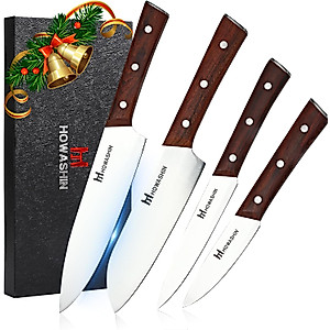Howashin 4Pcs Chef Knife Set,Germen High Carbon Stainless Steel Kitchen Knife Set,Professional Knife Set Natural Wood Full Handle Tang With Gife-Box