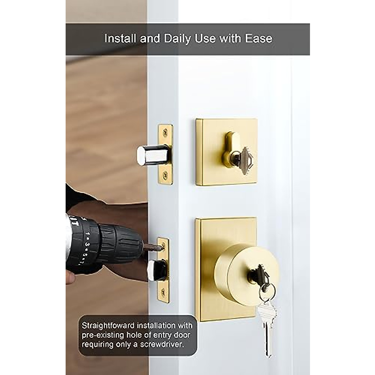 goldenwarm Keyed Alike Gold Door Knob with Deadbolt, Square Contemporary Brushed Gold Exterior Door Lock Set with Deadbolt, Heavy Duty Brass Front Entry Door Locksets with Deadbolt(1 Pack)
