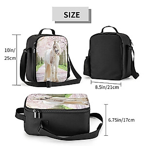 PrelerDIY White Horse Lunch Box - Insulated Lunch Box for Kids with Side Pocket & Shoulder Strap Lunch Bag, Perfect for School/Camping/Hiking/Picnic/Beach/Travel