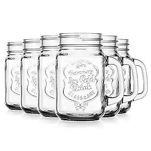 Glaver's Drinking Jars – Set of 6 Mason Jar Cups – 16 Oz Glasses with Handle, Ice-Cold Drinkware Logo – Jars are Ideal for Cold Beverages, Cocktails, Shakes, Sodas, Juice.