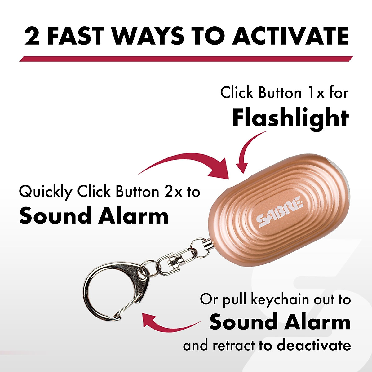 SABRE 2-in-1 Personal Alarm with LED Light, 130dB Personal Safety Siren, Snap Hook for Instant Access, 1,250 Foot (381 Meters) Range, Compact Design for Easy Attachment to Purse, Bag, or Keys