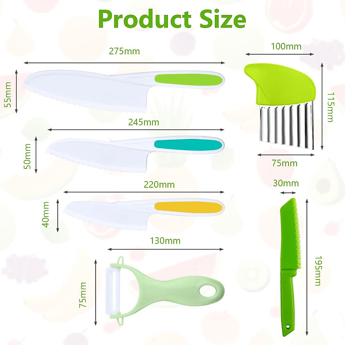 HOTUT Montessori Kitchen Tools,6Pieces Knives for Kids Nylon Kids Safe Cooking Knives Serrated Edges,Y Peeler For Cooking and Cutting Fruit,Suitable for Children and Beginners