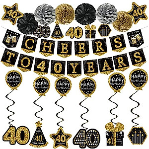 40th birthday decorations for men - (21pack) cheers to 40 years black gold glitter banner for women, 6 paper Poms, 6 Hanging Swirl, 7 decorations stickers. 40 Years Old Party Supplies gifts for men