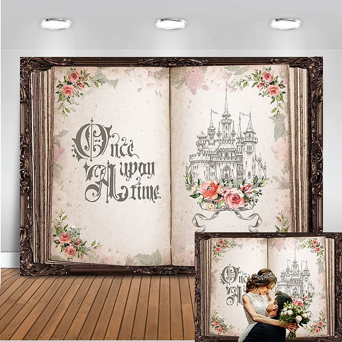 Mocsicka Once Upon a Time Backdrop Floral Fairy Tale Books Princess Party Decorations 7x5ft Wedding Bridal Shower Castle Background Romantic Magic Book Background Banner Props