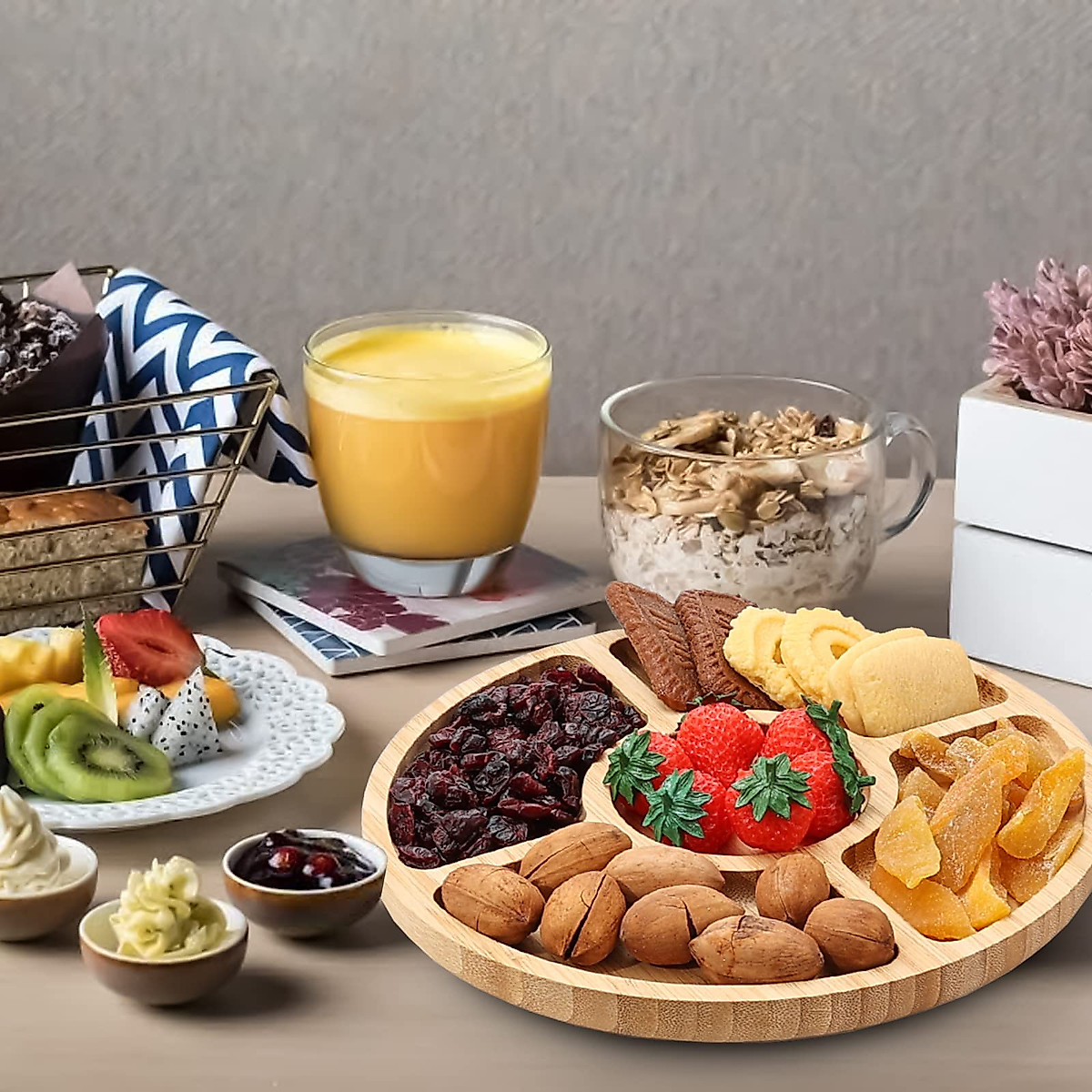 Round Cheese Board, Large Charcuterie Board 10 inch, Bamboo Cheese Serving Platter for Dinner, Party or Wedding, Fruit Tray for Daily Entertaining Guests