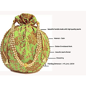 Potli Bag For Women With Intricate Gold Thread & Sequin Ethnic Designer Embroidery Work Batwa Pearls Handle (Parrot Green)