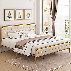 AIhomstyle Queen Size Bed Frame, Upholstered Queen Bed Frame with Velvet Tufted Headboard, Heavy Duty Metal Foundation, Bed Frame with Wood Slat Support, No Box Spring Needed, Noise-Free, Gold/Beige