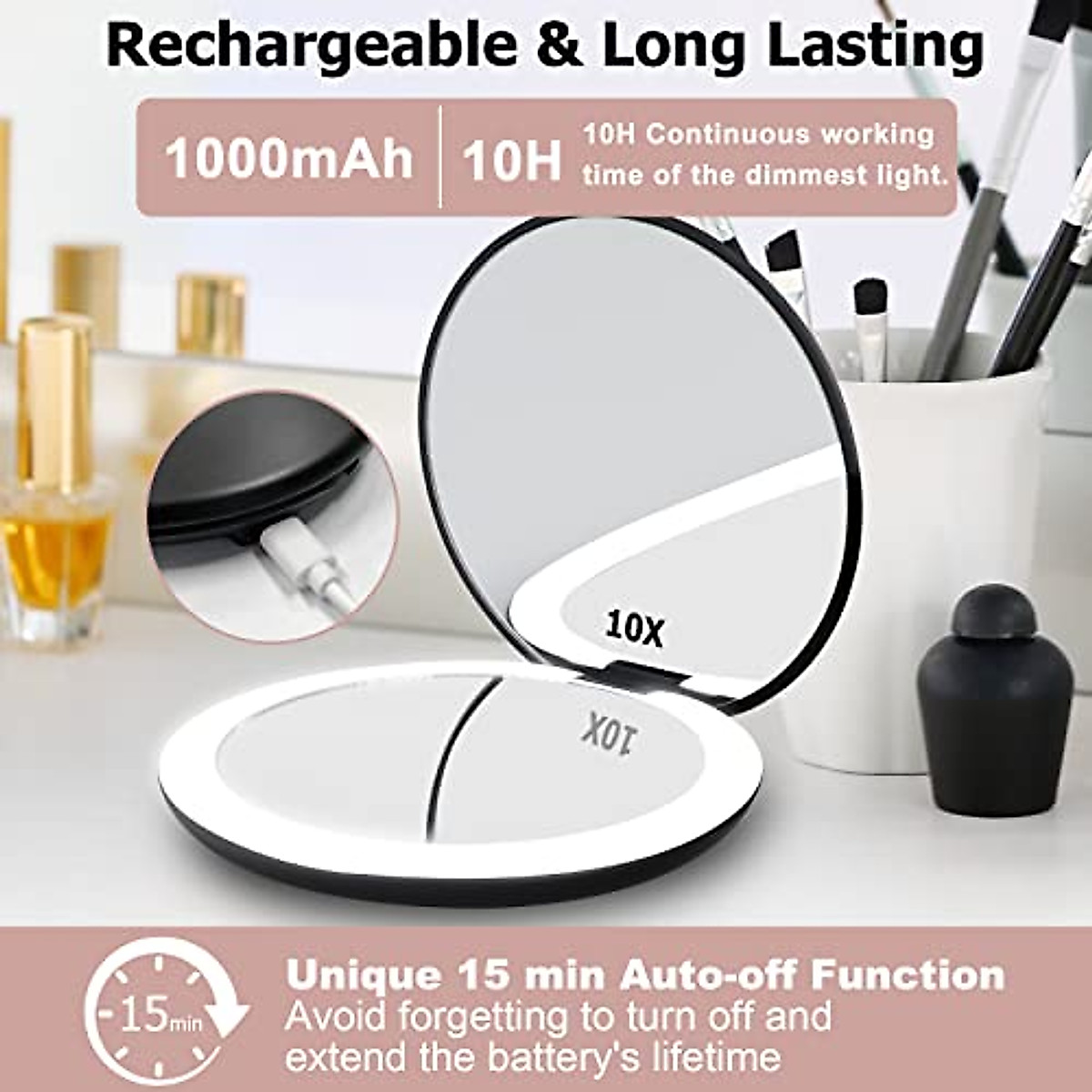 LED Lighted Travel Makeup Mirror, Rechargeable Large 5" 1x/10x Magnifying- Medical Grade LED, 3 Colors Settings & Brightness Adjustable- Portable, Touch Screen Compact Mirror w/Brighter Light (Black)