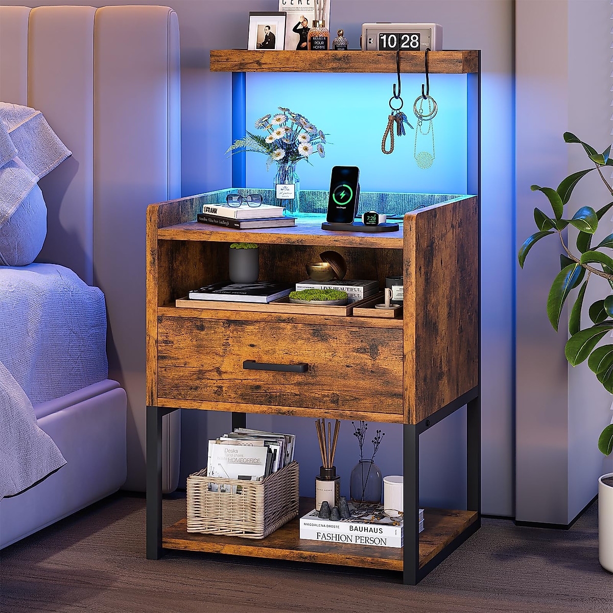 AOGLLATI Nightstand with Charging Station, Nightstand with Drawer and USB Ports, LED Night Stand for Bedroom, Bedside Table with Shelf, End Side Table Easy Assembly Edge Protection