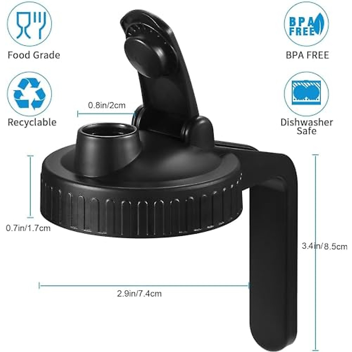 LePvo 2 Pack Regular Mouth Mason Jar Pour Spout Lids with Handle Reusable Plastic Flip Cap Lid,Leak-proof Airtight Seal Black, 70mm (Jar Not Included)