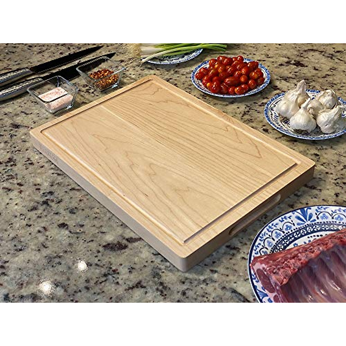 Wood Cutting Board Hard Maple 17x12x1.25 Inches Reversible with Handles and Juice Groove, Extra Thick Butcher Block Chopping Board Handmade By Ferrum.