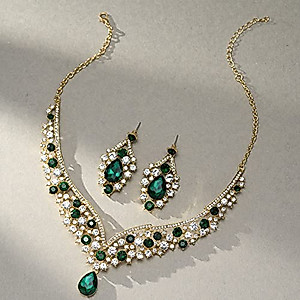 SWEETV Baroque Wedding Crown for Bride, 3-pack Tiara Earrings Necklace, Bridal Jewelry Set, Gold Green Crystal Costume Party Birthday Prom Pageant Jewelry for Women, Genesis