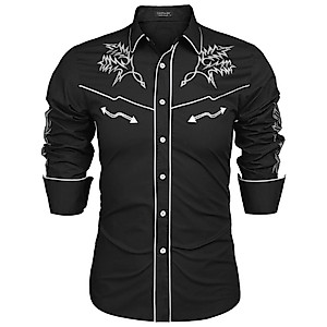 COOFANDY Men's Long Sleeve Embroidered Shirt Casual Slim Fit Button Down Western Shirts ,Black ,Medium