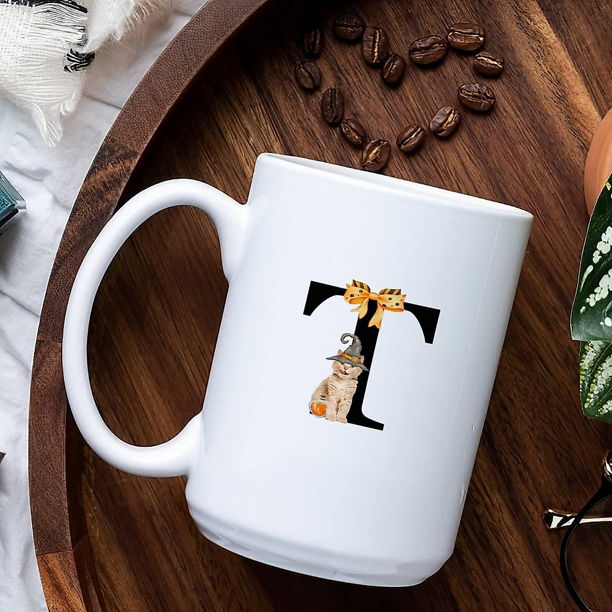 Halloween Initial Letter T Cat White Mugs Coffee Tea Cup Floral Alphabet Mug Mockup Ceramic Coffee Mug Mock Mugs from Daughter Wife And Son – Christmas Mug 15oz