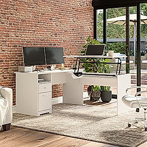 Bush Furniture L Shaped Desk with Drawers and Lift-n-Lock | Cabot Collection Sit to Stand Corner Table with Storage, 60W, White