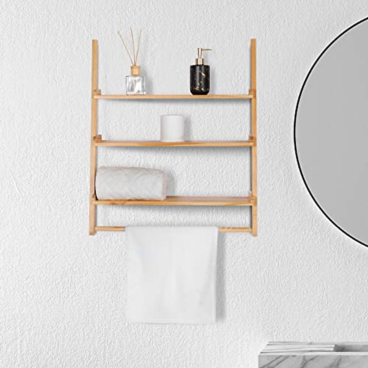 Homaterial 3-Tier Bathroom Towel Rack Shef Wall Mounted Wood Mount Shelf with Towel Bar Leaning Blanket Ladders Bathroom Storage Display Rack Shelf Holder, Natural