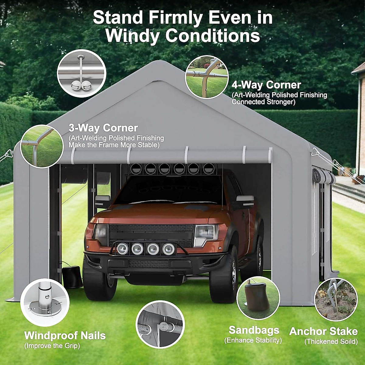 Carport 13'x20' Heavy Duty Portable Garage, 4 Roll-up Doors & 4 Windows Waterproof Carport Canopy for Car Truck Boat, All-Season Tarp,Gray