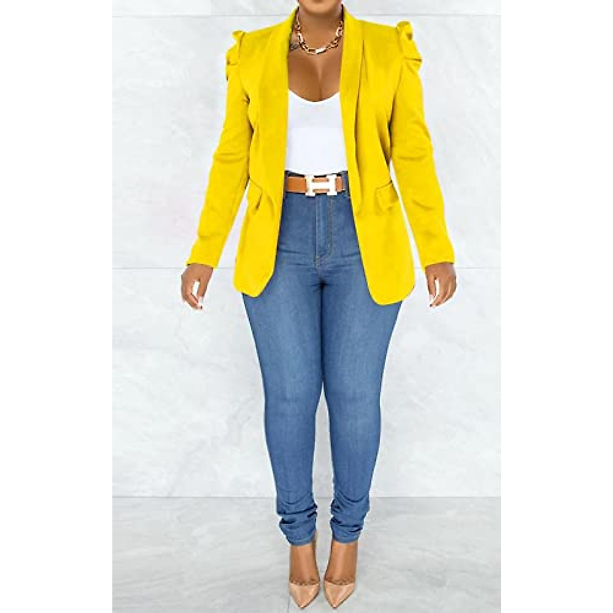 Womens Casual Blazers Open Front Puff Long Sleeve Lapel Work Office Blazers Bussiness Jackets Suit Coat Yellow XX-Large