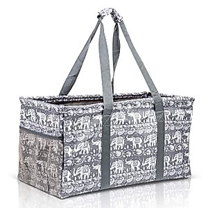 Lucazzi Extra Large Utility Tote Bag - Oversized Collapsible Reusable Wire Frame Rectangular Canvas Basket With Two Exterior Pockets For Beach, Pool, Laundry, Car Trunk, Storage - Gray Elephant