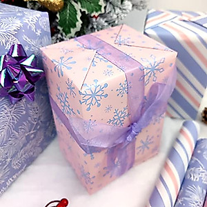 LDGOOAEL Mini Short Small Christmas Wrapping Paper Roll with Cut Lines on Reverse (17" X 120" Per Roll) - Pink Snowflakes & Purple Pine for Holiday, Birthday, Wedding, Baby Shower