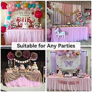 108in Baby Pink Tulle Table Skirts for Rectangle Tables 6ft 8ft 4ft, 2-Layer 9 ft Long Gold Grim Princess Pink Ruffle Tulle Tutu Table Skirt Cloth for Girl Birthday Baby Cake Dessert(No Table Cover)