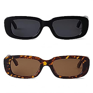 BUTABY Rectangle Sunglasses for Women Retro Driving Glasses 90’s Vintage Fashion Narrow Square Frame UV400 Protection Black & Leopard