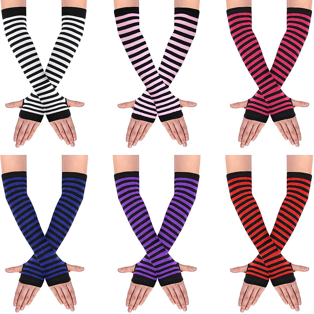 SATINIOR 6 Pairs Long Fingerless Gloves for Women Knit Thigh High Striped Arm Warmer Thumb Hole Stretchy Gloves(Bright Color)