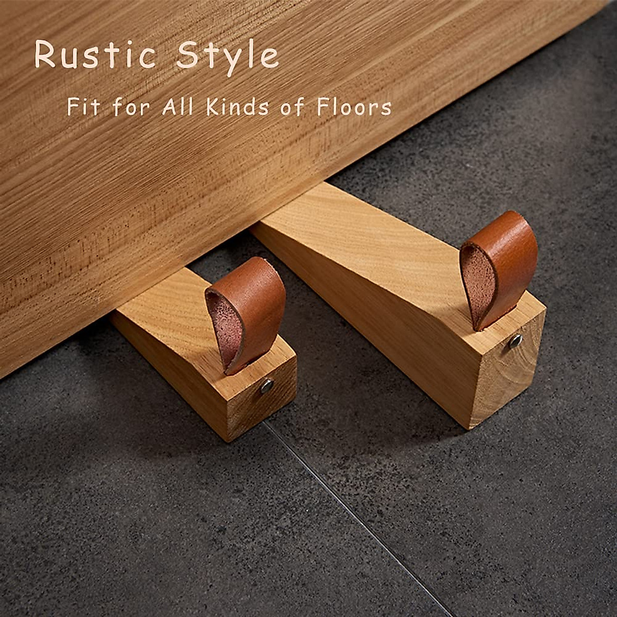 Large Wooden Door Stopper Non-Slip Security Wood Door Wedge with Leather Strap for Hanging Door Stopper 1Pack, in House Bedroom Office Living Room Hotel Cabin (Large)