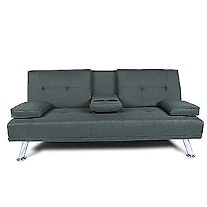 LTT Futon Sofa Bed, Futon Couch, Sleeper Dark Grey Fabric Folding Sofa Bed Dual-Purpose Multi-Functional