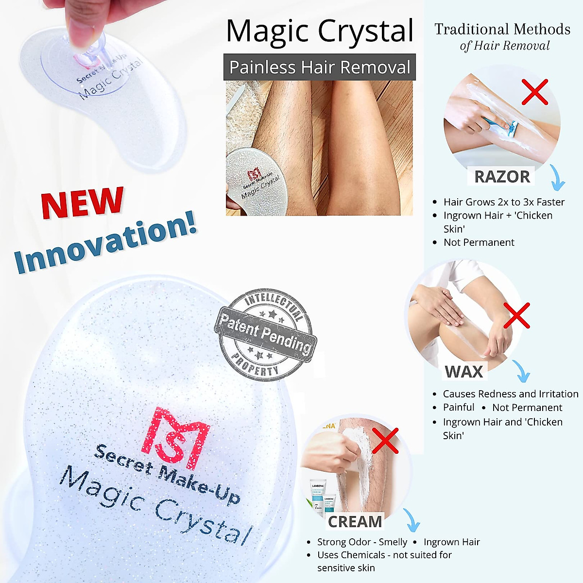 Magic Crystal Painless Hair Remover for Men and Women (New Technology) Fast & Easy - Soft Smooth Silky Skin, Clear Glitter