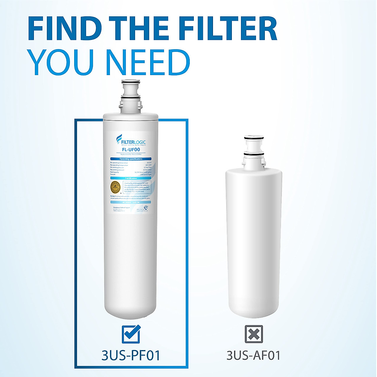 Filterlogic 3US-PF01 Under Sink Water Filter, NSF/ANSI 42 Certified Replacement for Advanced 3US-PF01, 3US-MAX-F01H, 3US-PF01H, Delta RP78702, Manitowoc K-00337, K-00338 (Pack of 2)