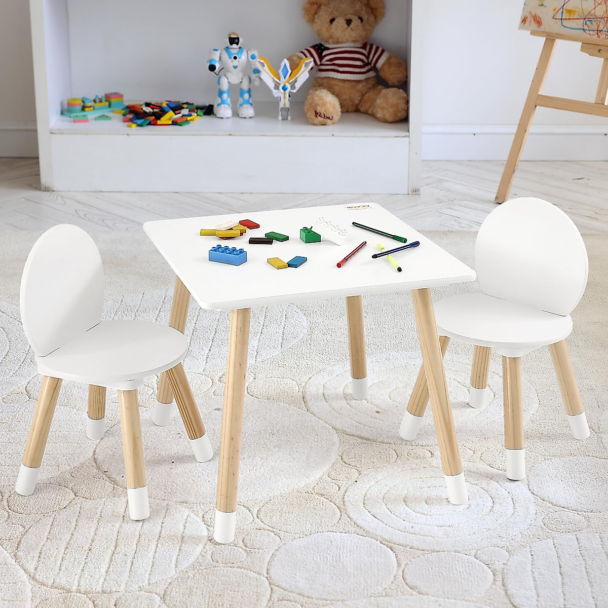 VEVOR Kids Table and Chairs, Toddler Table and Chair Set, Children Wooden Multi-Activity Table for Play, Art, Craft, Reading, Learning, Eating, 1 Table and 2 Chairs