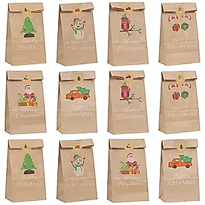 Skycase 12 Pcs Christmas Paper Bags, Party Gift Candy Treat Bag 6 Patterns with 12 Pcs Christmas Label Stickers for Outdoor Indoor Home, School, Office Xmas Party