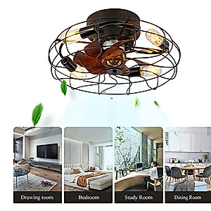 Cluelyhoo 20” Low Profile Caged Ceiling Fan with Lights, Bladeless Ceiling Fan with Light, Remote Ceiling Fan with Lights, Black Flash Mount Ceiling Fan