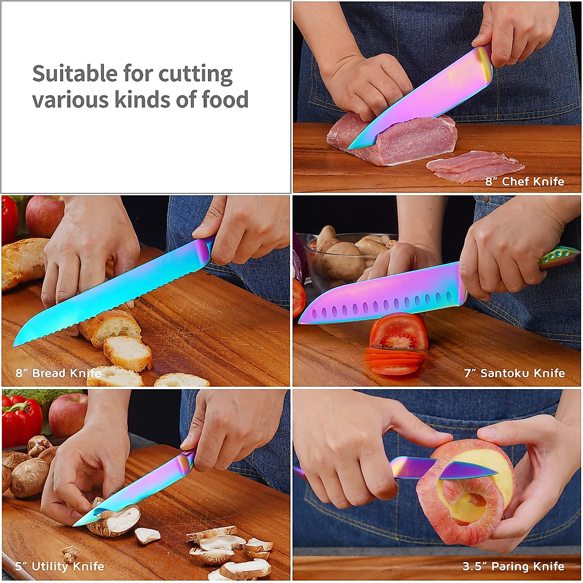 Hollory Rainbow Kitchen Knife Set 5 Piece, Super Sharp German Stainless Steel Blade with 8 in Chef, 8 in Bread, 7 in Santoku, 5 in Utility, 3.5 in Paring - Gift Box