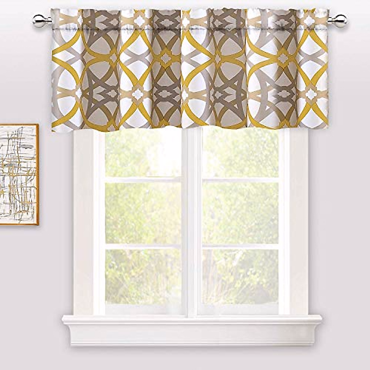 DriftAway Alexander Spiral Geo Trellis Pattern Window Curtain Valance Rod Pocket 52 Inch by 18 Inch Plus 2 Inch Header Yellow and Gray 1 Pack