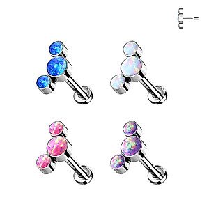 Pierced Owl 16-18GA G23 Implant Grade Titanium Threadless Push-In Triple Round Synthetic Opal Curved Flat Back Lip Cartilage Ear Lobe Stud (Blue, 16GA)