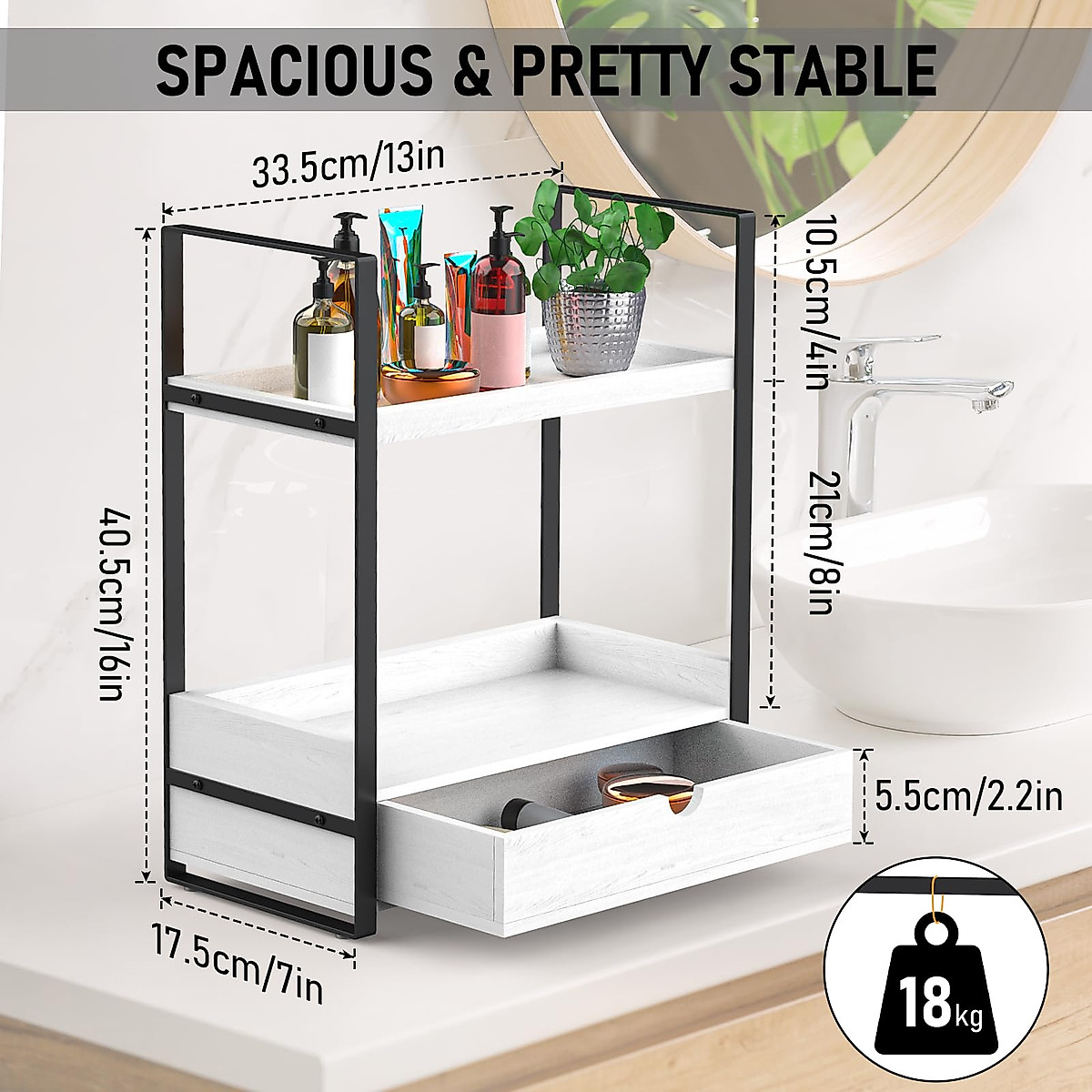 AnnBay Bathroom Counter Organizer,2 Tier Bathroom Organizer Countertop,Bathroom Counter Organizer with Drawers,Wooden Bathroom Organizer with Metal Frame,Perfect for Bathroom,Makeup,Kitchen Storage