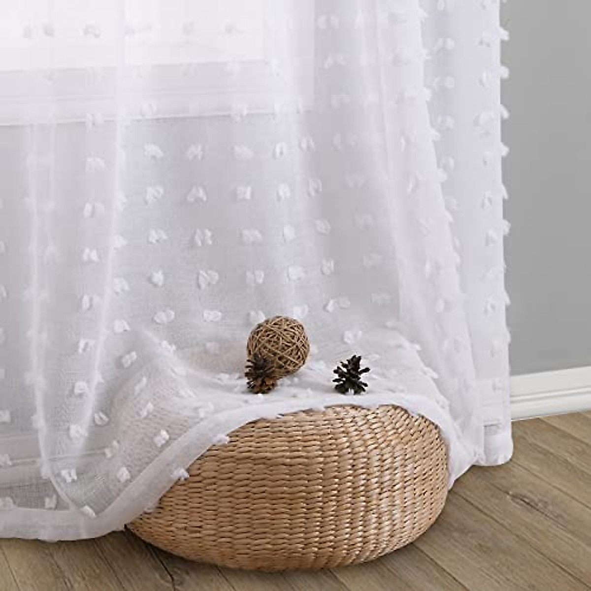 Guken Grommet Pom Pom Sheer Curtains 84 Inch Length 2 Panels Set for Living Dining Room White Textured Curtain for Bedroom Floor Length Semi Sheer Voile Boho Farmhouse Curtain Panels 52x84 Inches Long