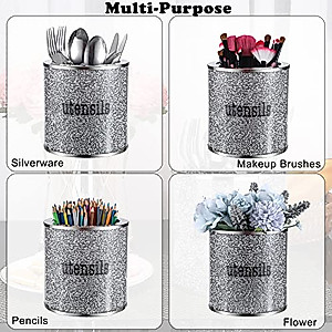 JUXYES Sparky Glass Crushed Diamond Utensils Holder for Party, Luxurious Silverware Holder Organizer Decorative Utensil Storage Crock Shiny Cutlery Holder Silverware Organizer for Kitchen Dining Table